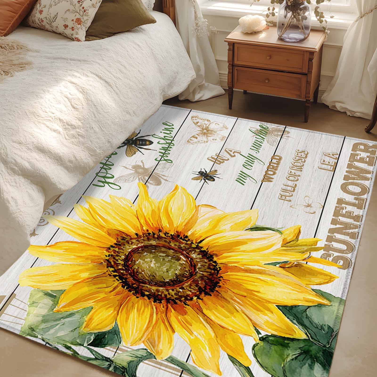 3x5 Area Rugs, Yellow Sunflower Non-Skid Rubber Backing Large Rectangle ...
