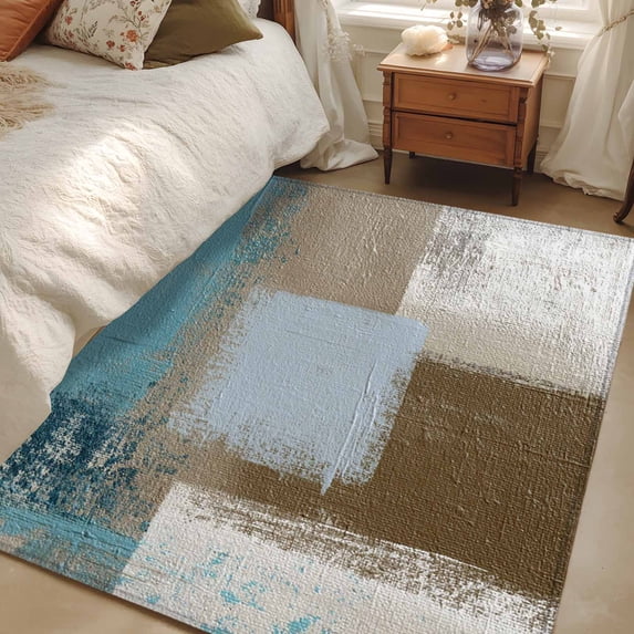 3x5 Blue Brown Abstract Painting Area Rug for Bedroom, Washable Non ...