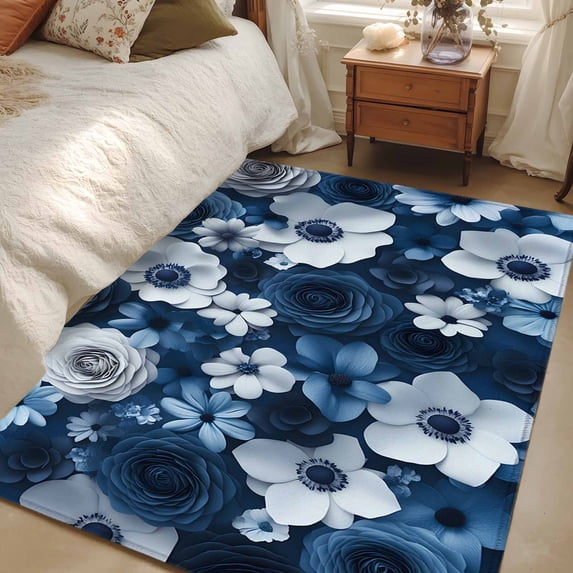 3x5 Blue Flower Area Rug for Bedroom, Washable Non Slip Low Pile Soft ...