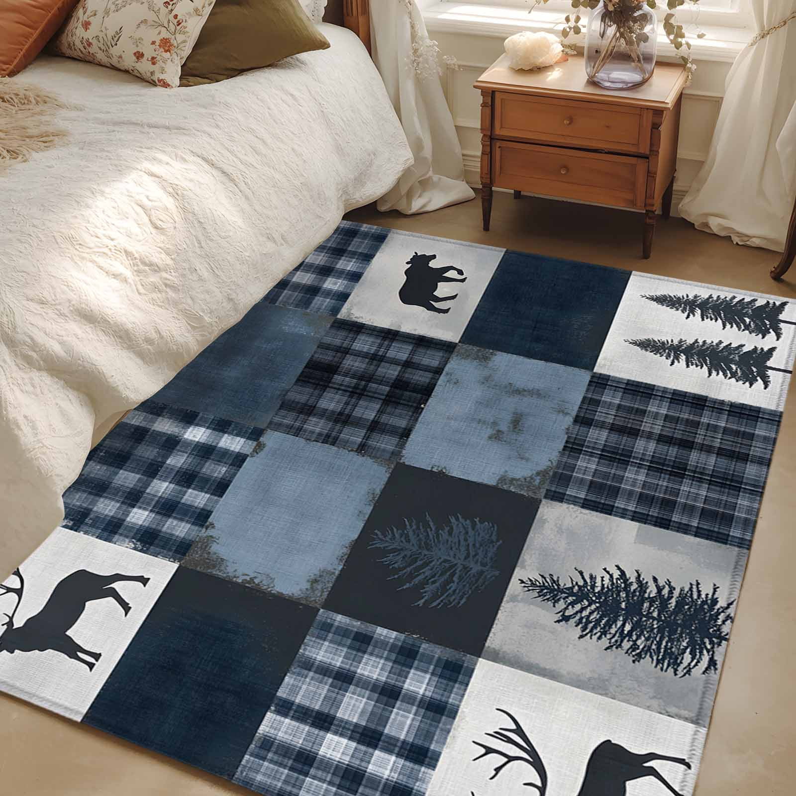 3x5 Blue White Checked Plaid Elk Area Rug for Bedroom, Washable Non ...
