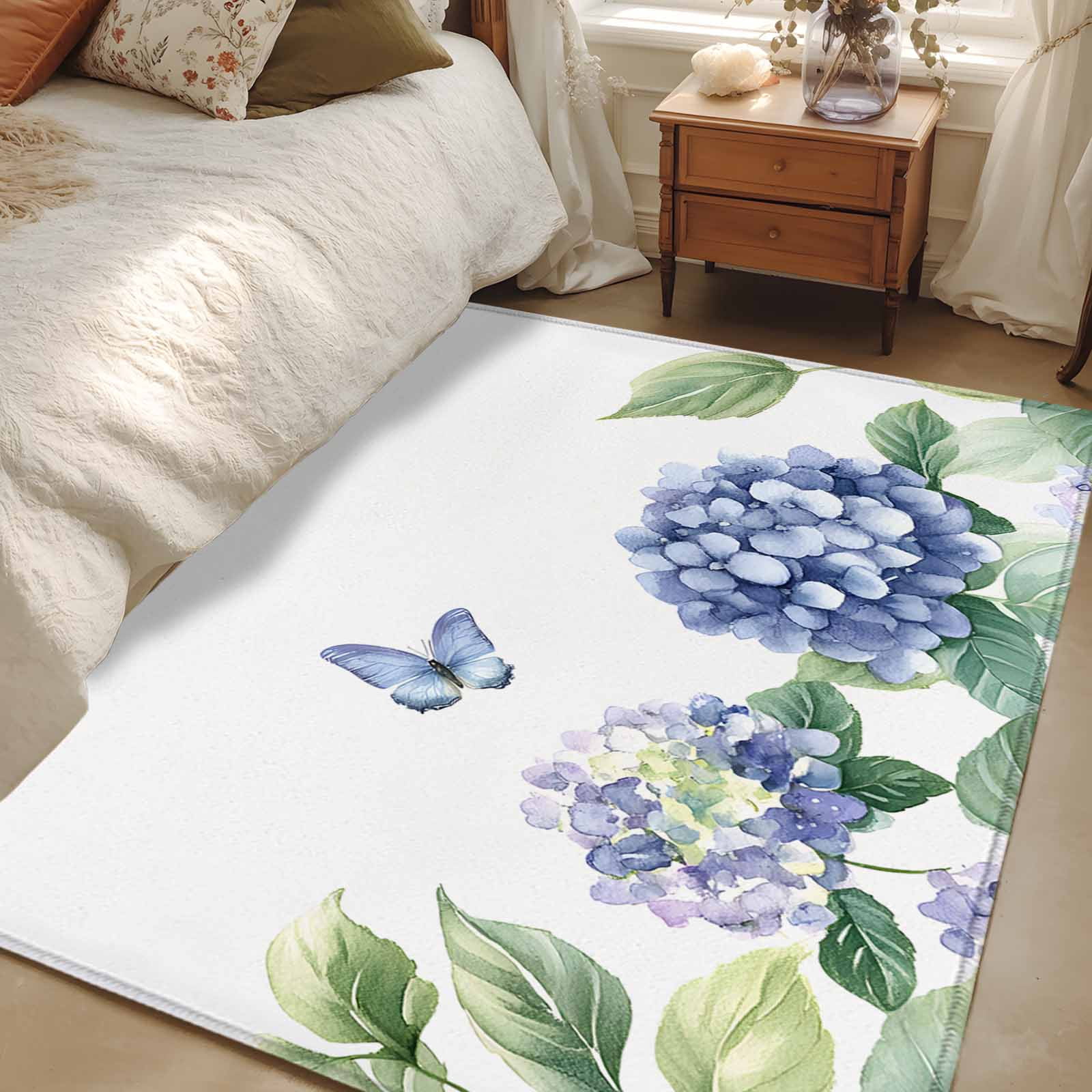 3x5 Bue Hydrangea Area Rug for Bedroom, Washable Non Slip Low Pile Soft ...