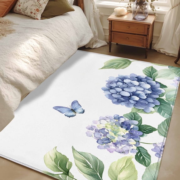 3x5 Bue Hydrangea Area Rug for Bedroom, Washable Non Slip Low Pile Soft ...