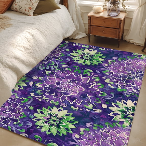 3x5 Flowers Purple Green Area Rug for Bedroom, Washable Non Slip Low ...