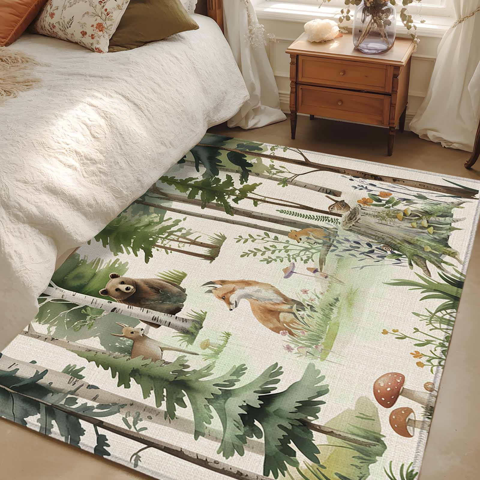 3x5 Forest Animal Area Rug for Bedroom, Washable Non Slip Low Pile Soft ...