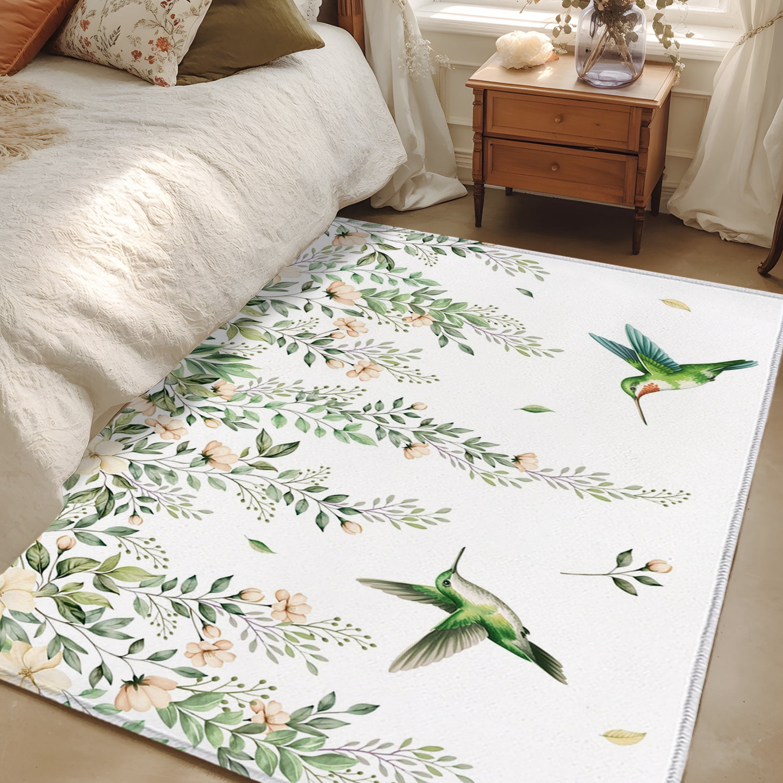 3x5 Green Leaf Bird Area Rug for Bedroom, Washable Non Slip Low Pile ...