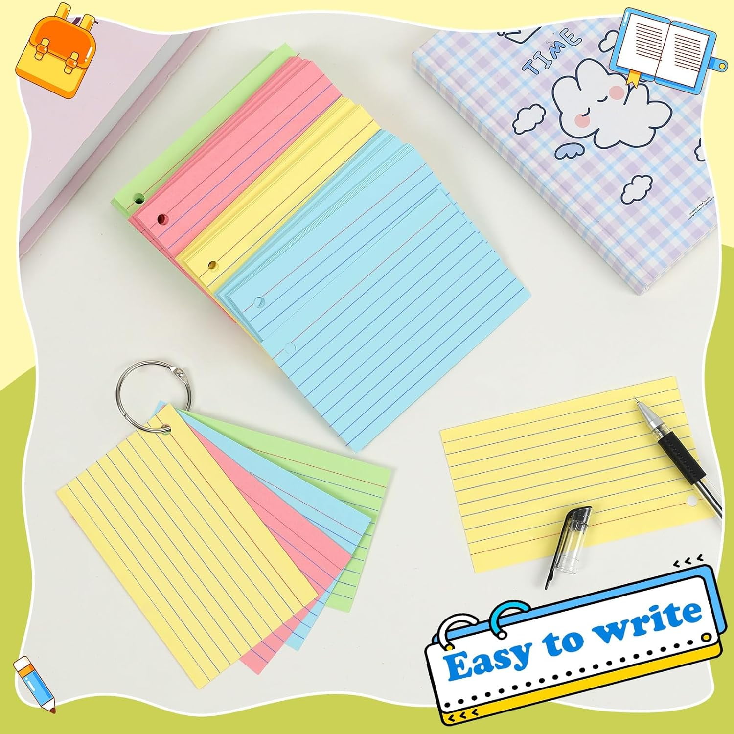 3x5 Inch Heavyweight Flash Cards with Ring Lined Flashcards Note Cards for Studying School ...
