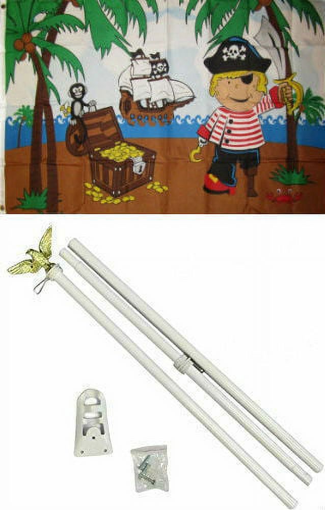 3x5 Jolly Roger Pirate Kid Boy Treasure Island Flag White Pole Kit Set ...