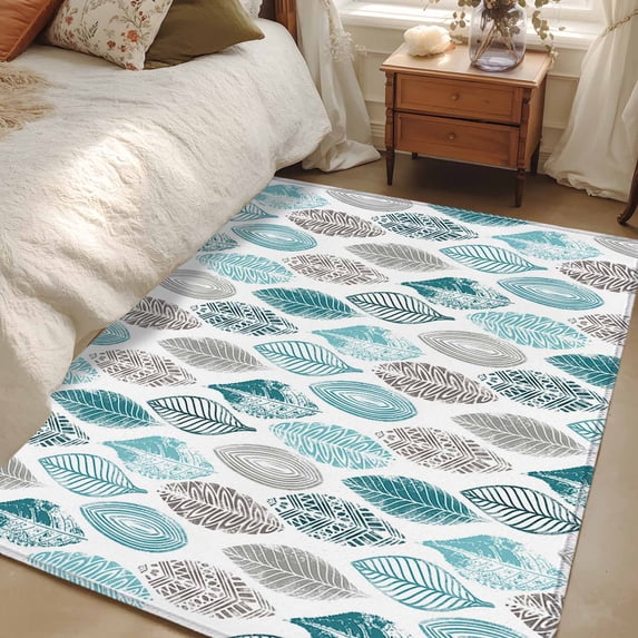 3x5 Leaves Pattern Teal Area Rug for Bedroom, Washable Non Slip Low ...