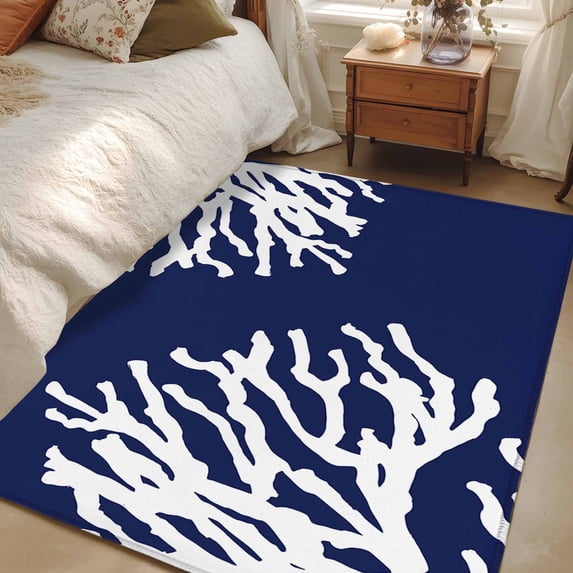 3x5 Navy Blue Coral Area Rug for Bedroom, Washable Non Slip Low Pile ...