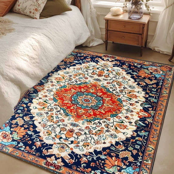 3x5 Orange Blue Western Vintage Area Rug for Bedroom, Washable Non Slip ...