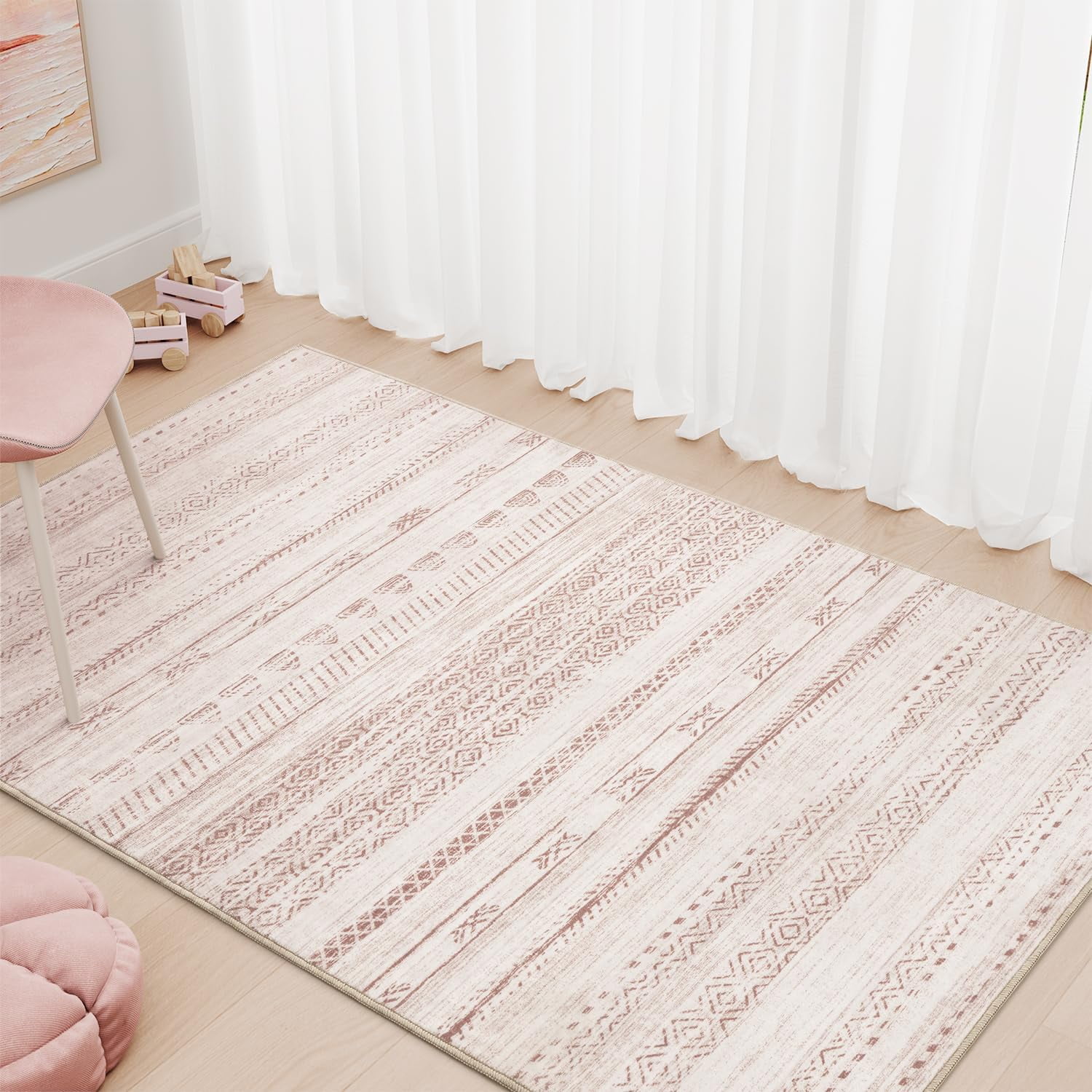 3x5 Pink Area Rug Machine Washable Non Slip Rug Distressed Neutral ...