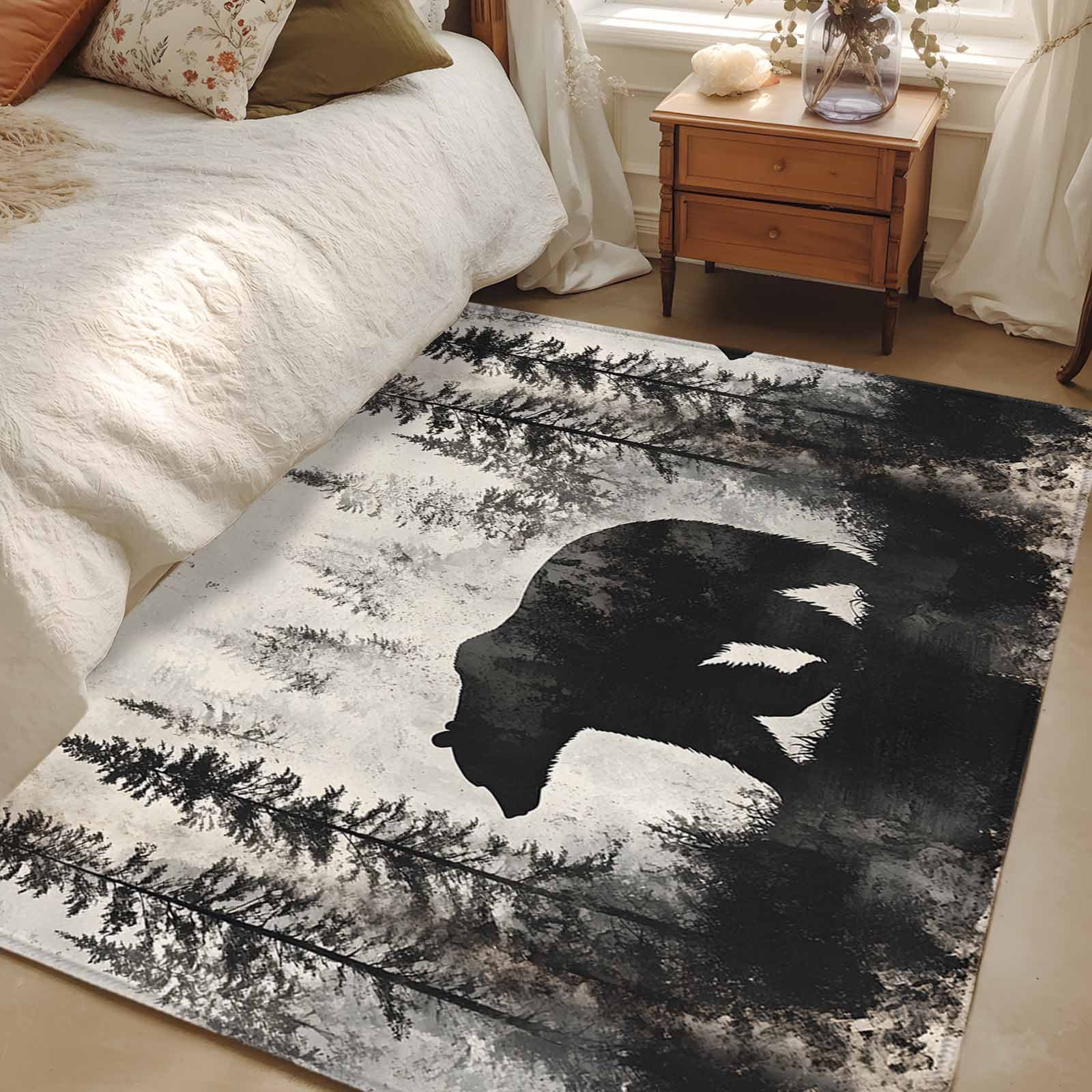 3x5 Retro Bear Forest Area Rug for Bedroom, Washable Non Slip Low Pile ...