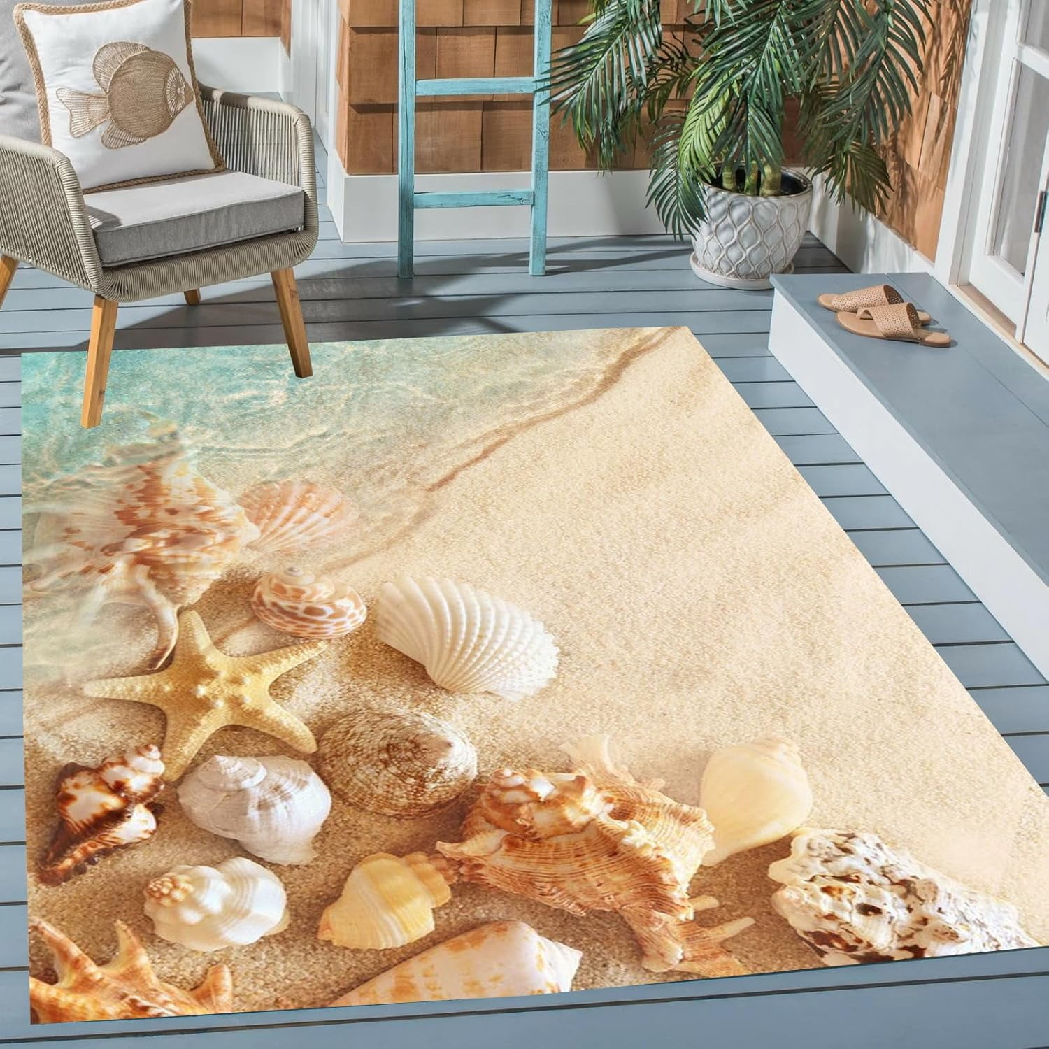 3x5 Small Beach Shell and Star Fish Indoor Outdoor Area Rug, Multi ...