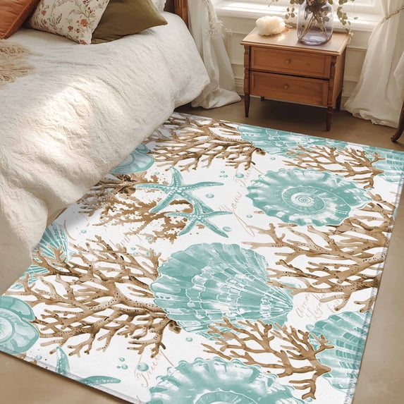 3x5 Teal Starfish Conch Area Rug for Bedroom, Washable Non Slip Low ...