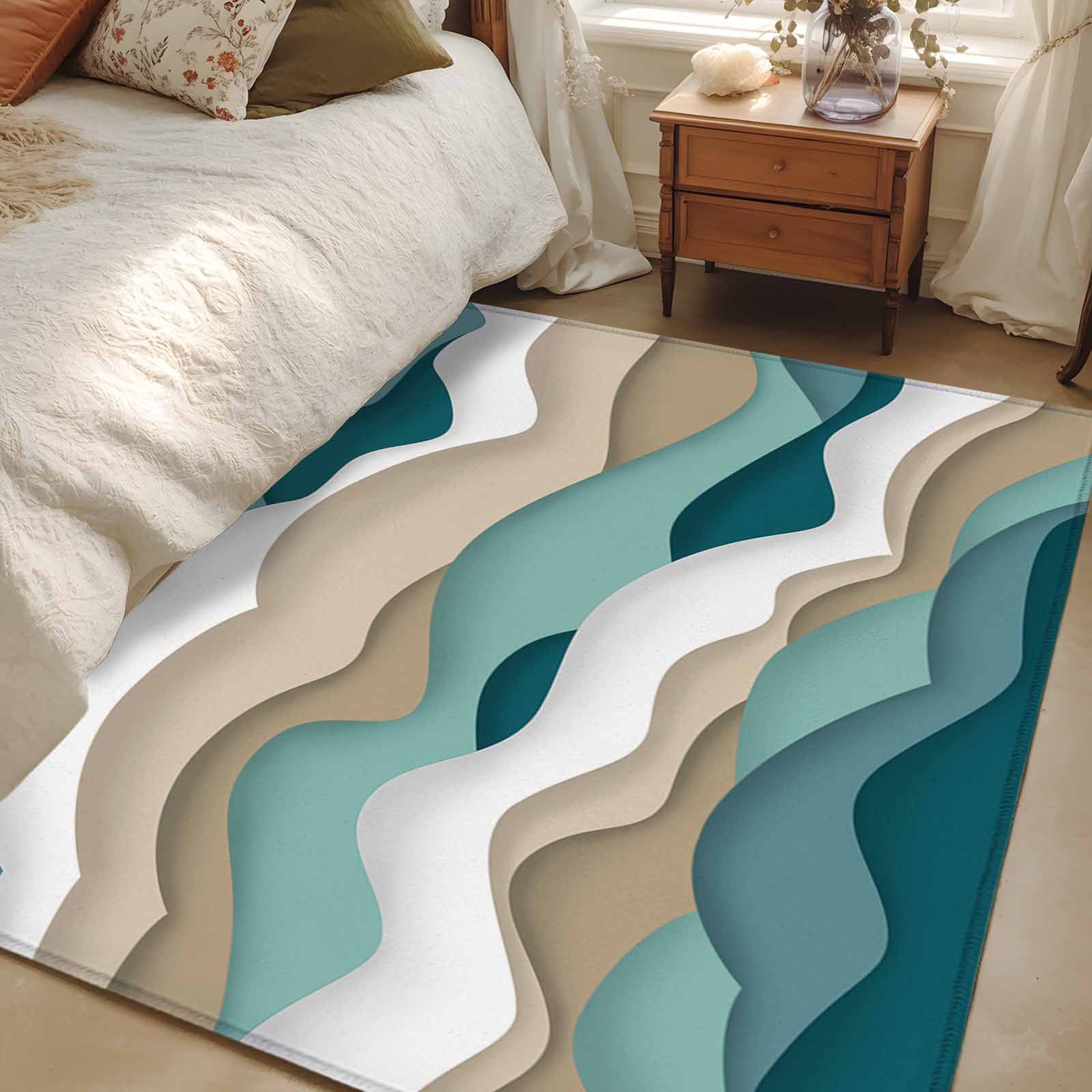 3x5 Turquoise Brown Sea Wave Area Rug for Bedroom, Washable Non Slip ...