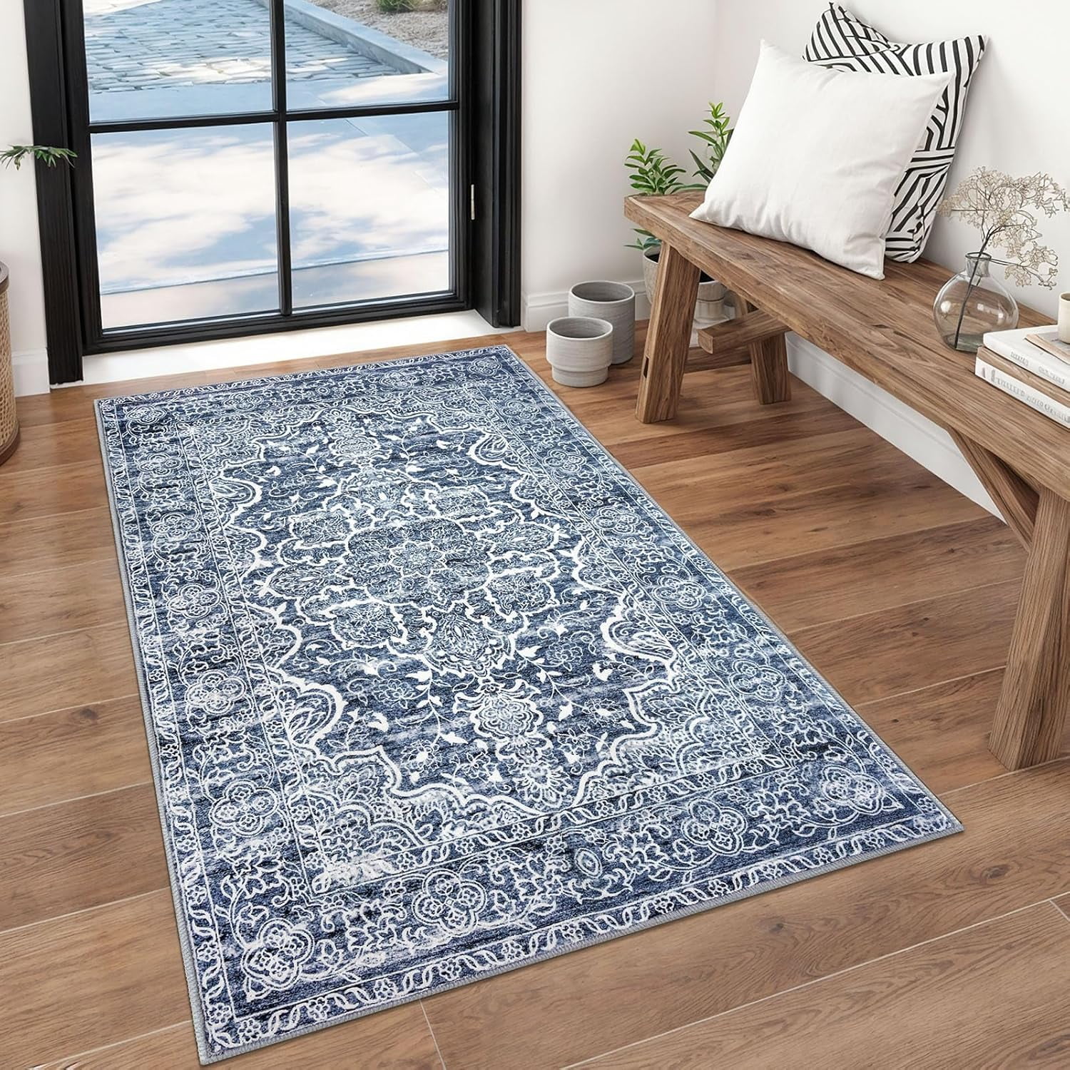 3x5 Vintage Area Rug, Vintage Floral Kitchen Rugs Blue White Washable ...