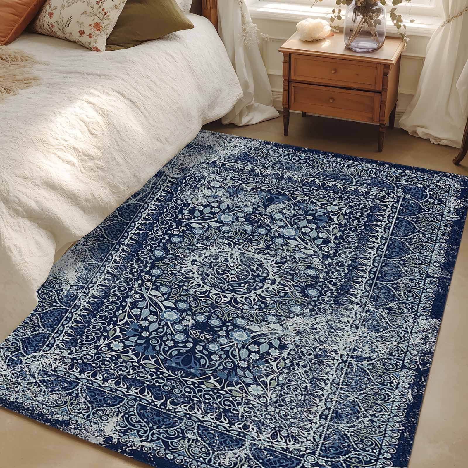 3x5 Vintage Blue Ethnic Figure Area Rug for Bedroom, Washable Non Slip ...