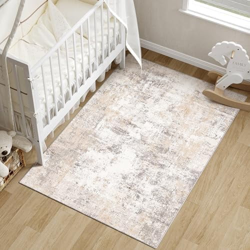 3x5 Washable Area Rug Beige Grey Abstract Entryway Office Throw Rug ...