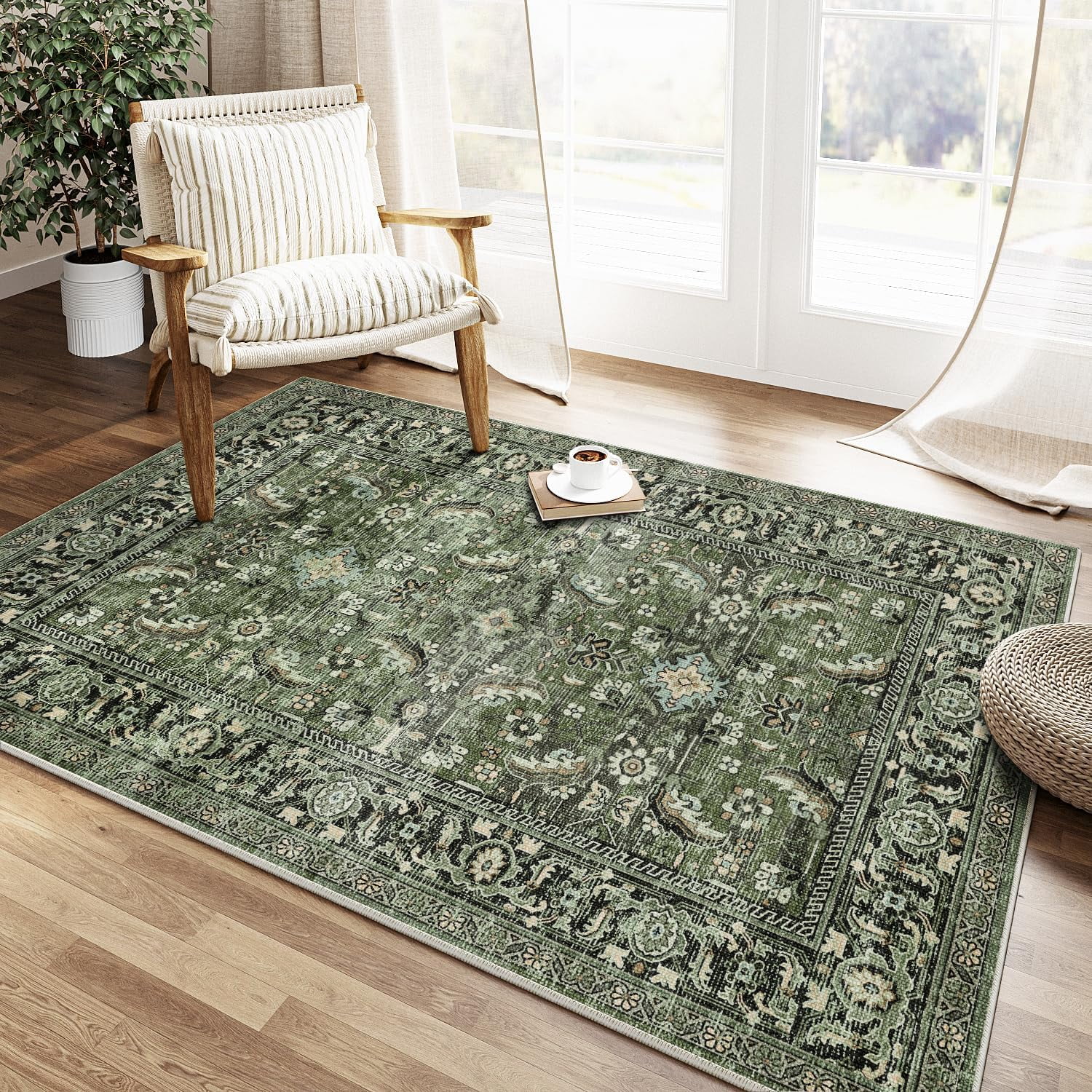 3x5 Washable Area Rug Dark Green Vintage Distressed Entryway Kitchen ...