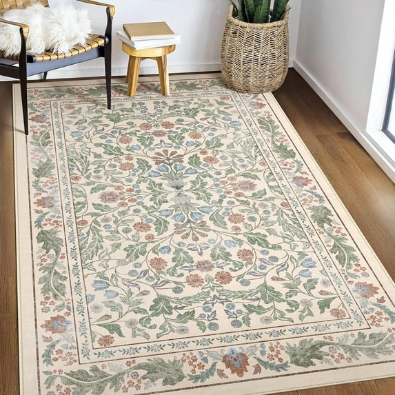 3x5 Washable Area Rug Floral Beige Entryway Small Rug Forest Low Pile ...