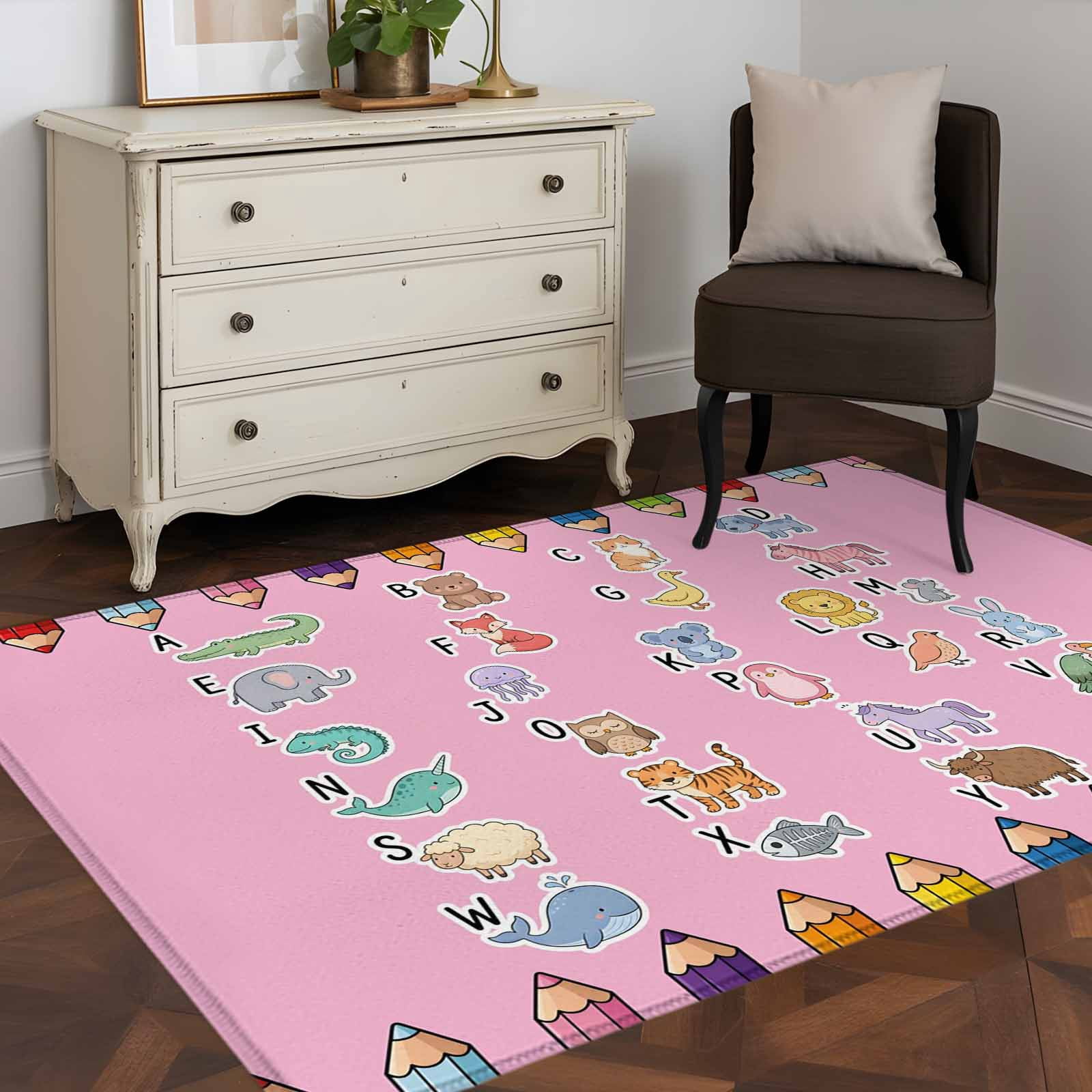 3x5 Washable Area Rug, Pink Letter Animals Non-Slip Rectangle Rug for ...