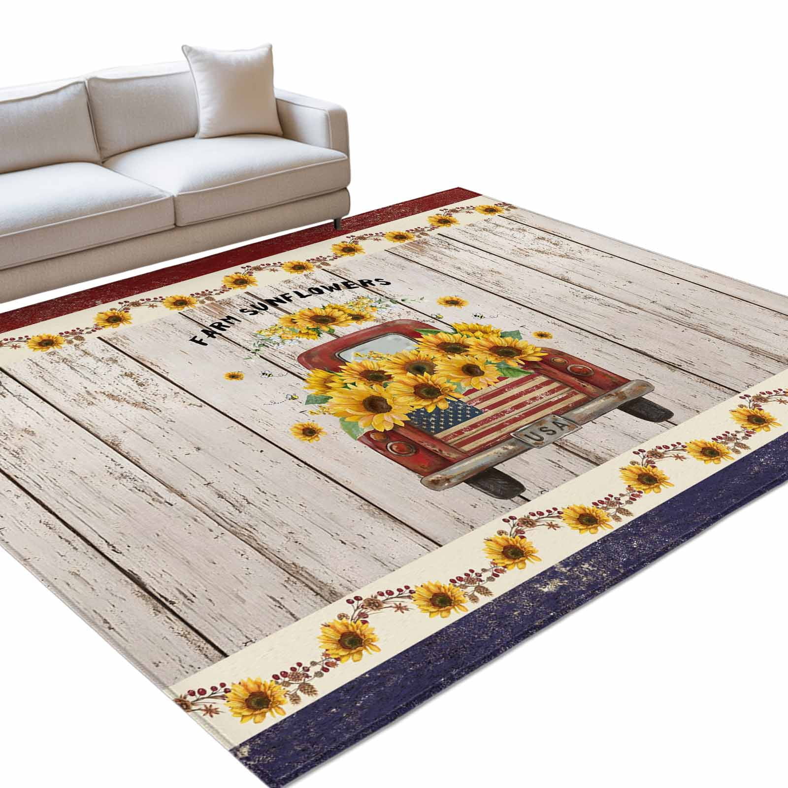 3x5 Washable Area Rugs,Farm Sunflowers Independence Day Car Non-Slip ...