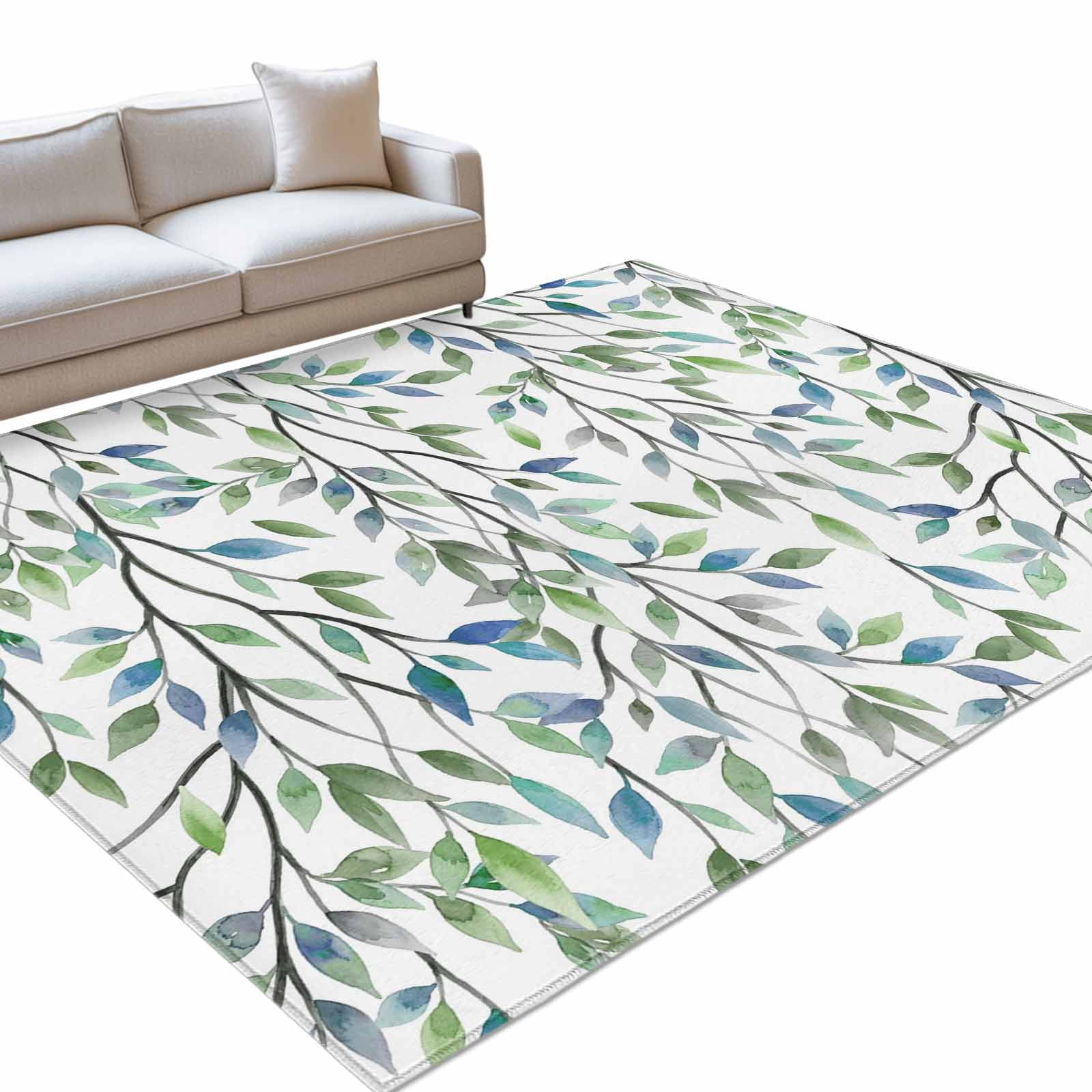 3x5 Washable Area Rugs,Spring Blue Green Leaves on White Non-Slip Ultra ...