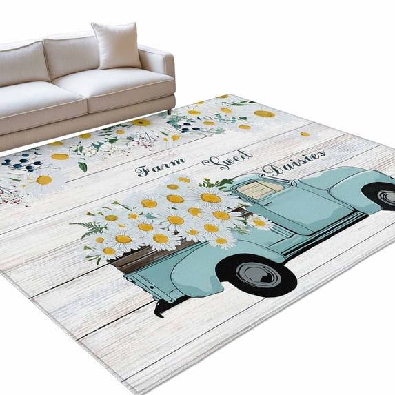 3x5 Washable Area Rugs,Watercolor Daisy Floral Farm Truck Non-Slip ...