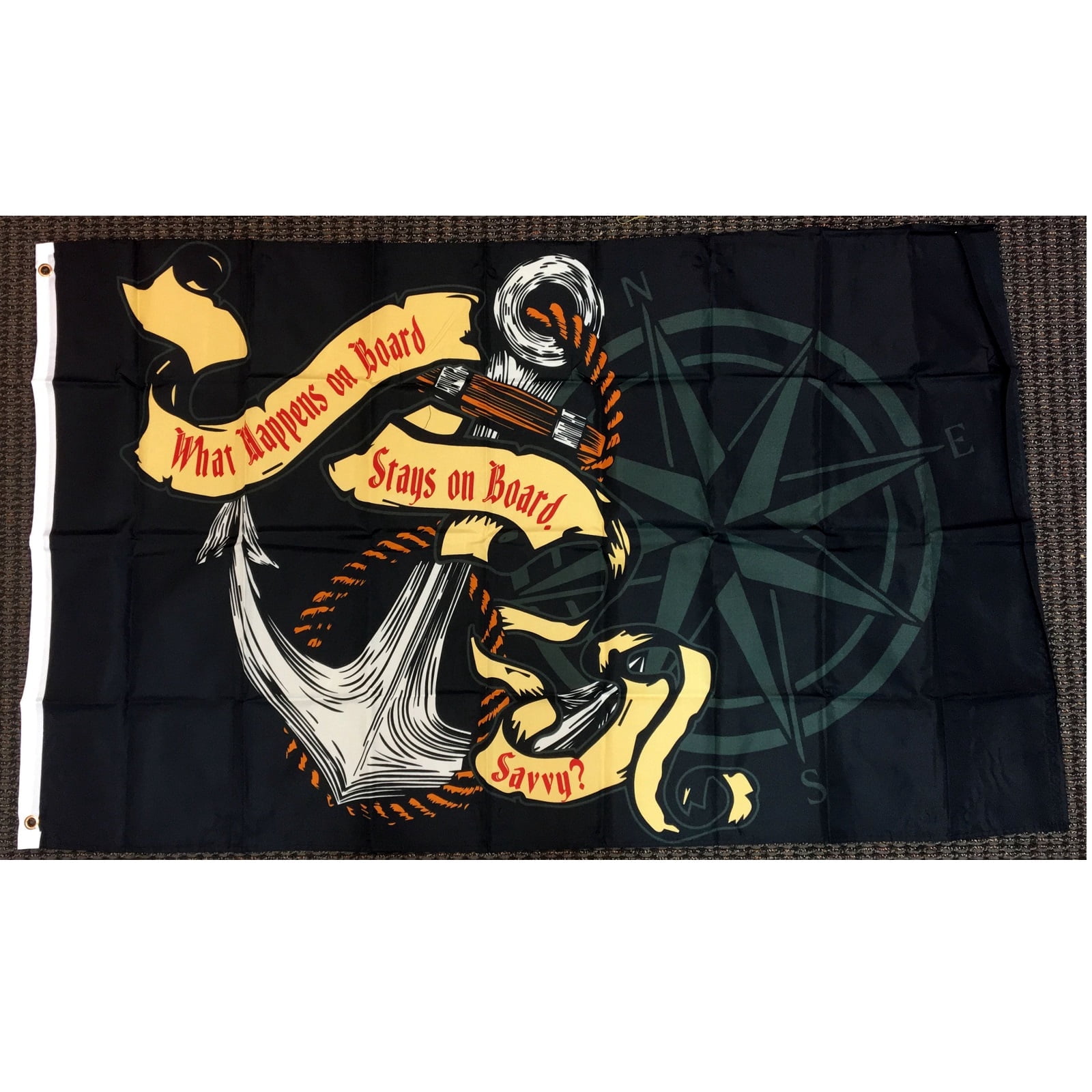 3x5 What Happens On Board Stays on Board Savvy Pirate Flag Banner ...