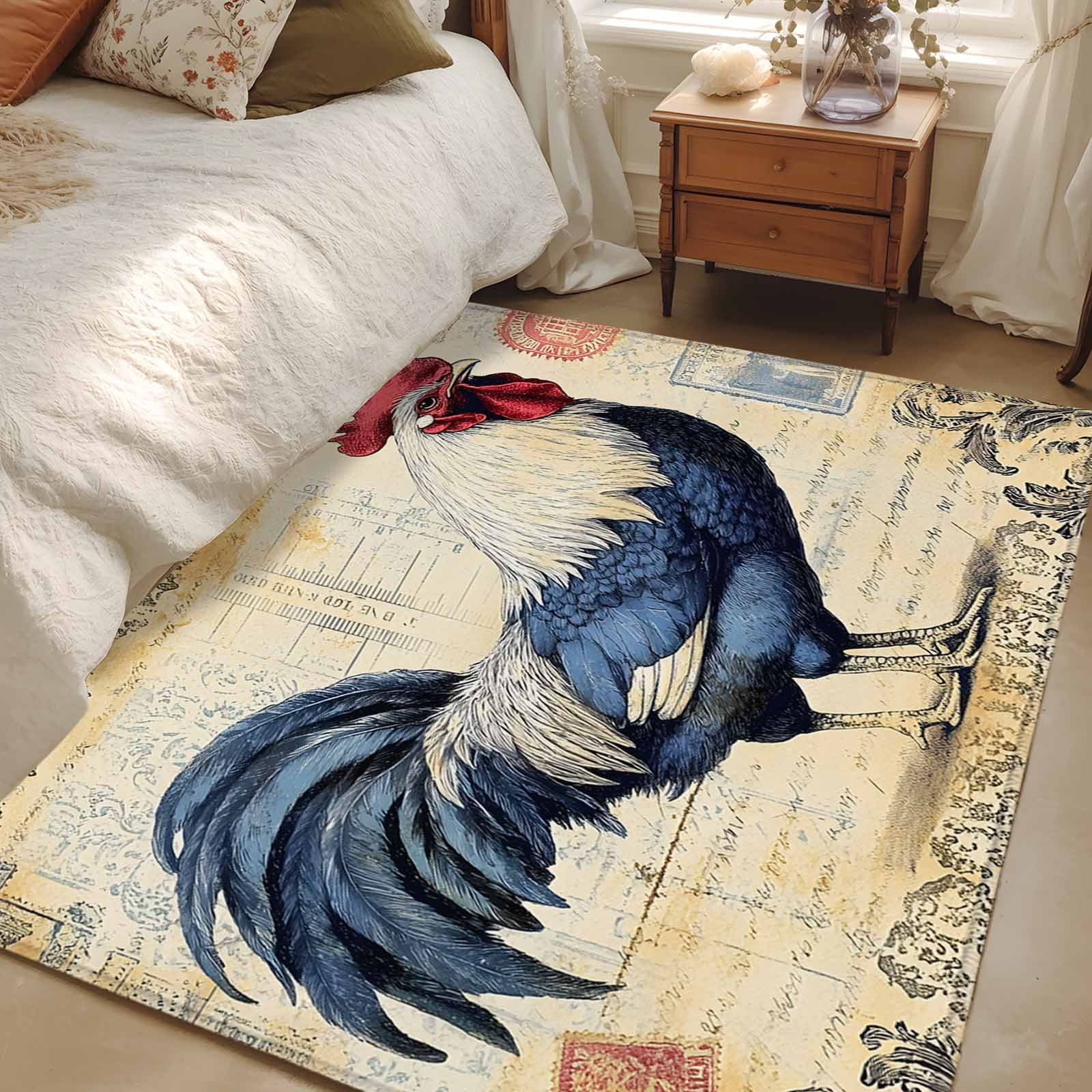 3x5 White Blue Rooster Area Rug for Bedroom, Washable Non Slip Low Pile ...