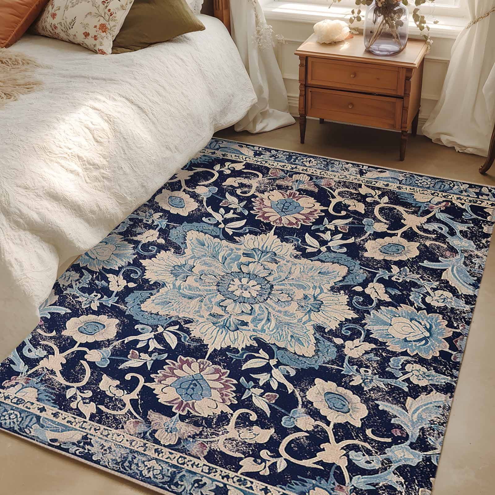 3x5Ft Area Rugs, Blue Boho Non-Skid Rubber Backing Large Rectangle Rugs ...