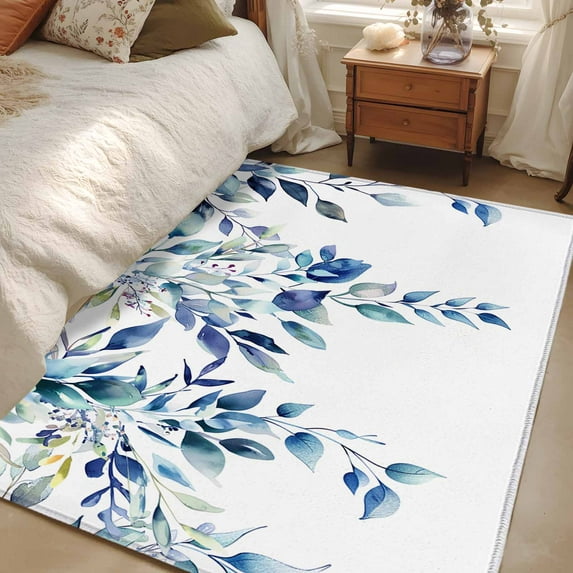 3x5Ft Area Rugs Blue Teal Eucalyptus Leaves Non-Skid Rubber Backing ...