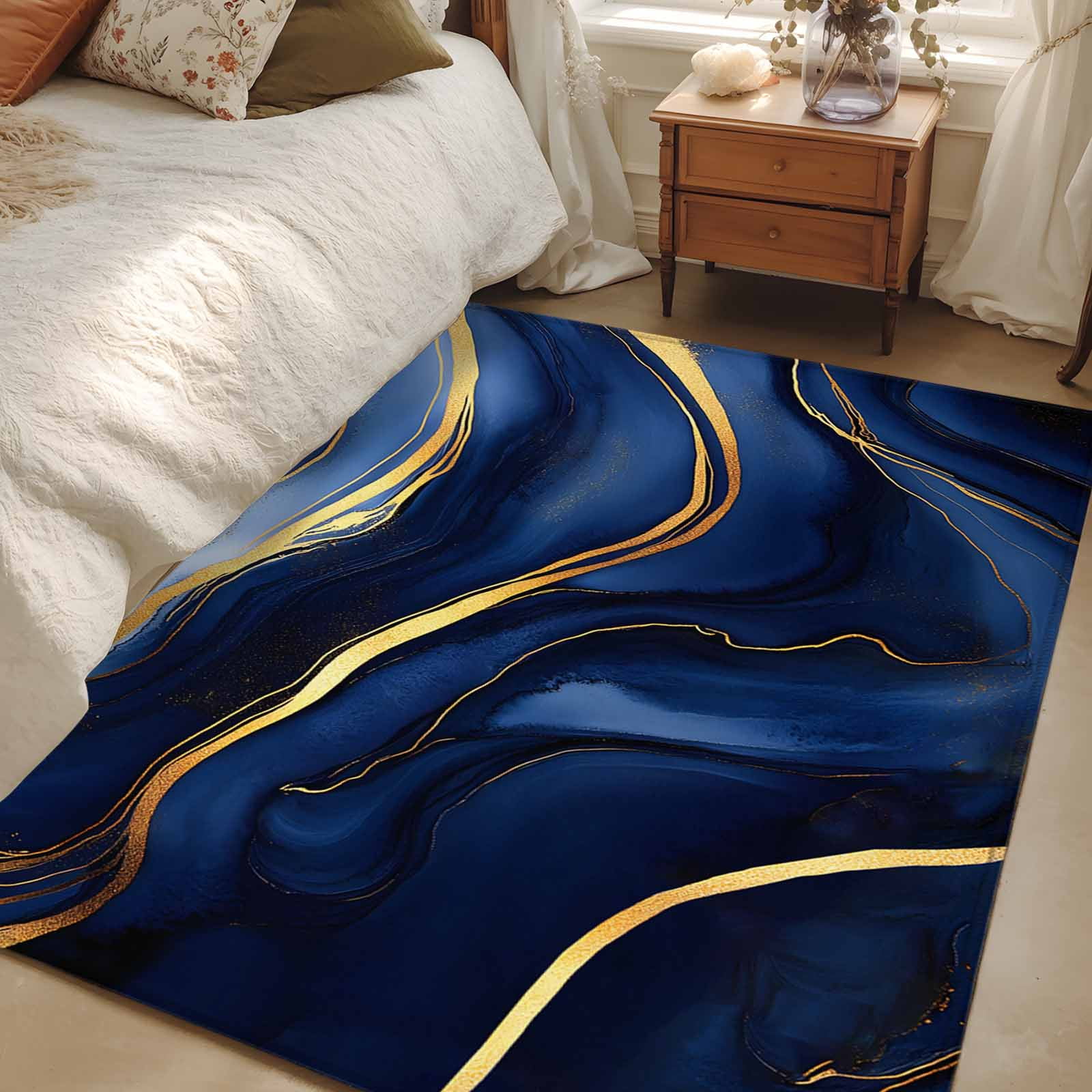3x5Ft Area Rugs Marble Navy Blue Non-Skid Rubber Backing Large ...