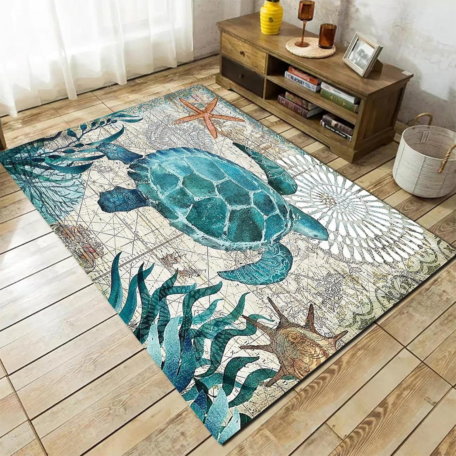 3x5ft Sea Turtle Starfish Crystal Velvet Rug For Blue Ocean Animal Area ...