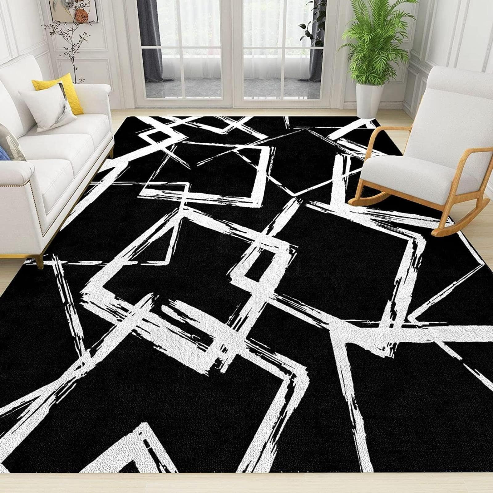 3x5ft White Graffiti Lines Geometry Area Rug, Modern Abstract Black ...
