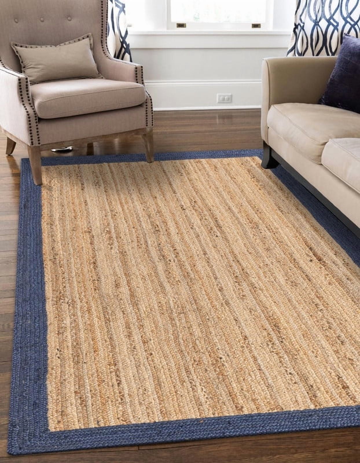 3x6 Ft Navy Blue & Natural Jute Area Rug, Hand-Woven, Reversible ...