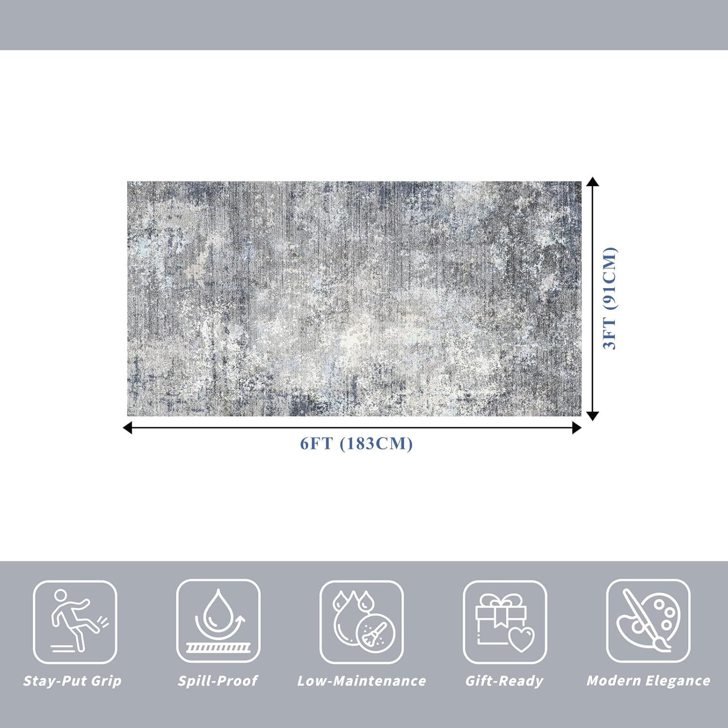 3x6 Washable Kitchen Runner Rug - Non Slip Stain Resistant Low-Pile ...