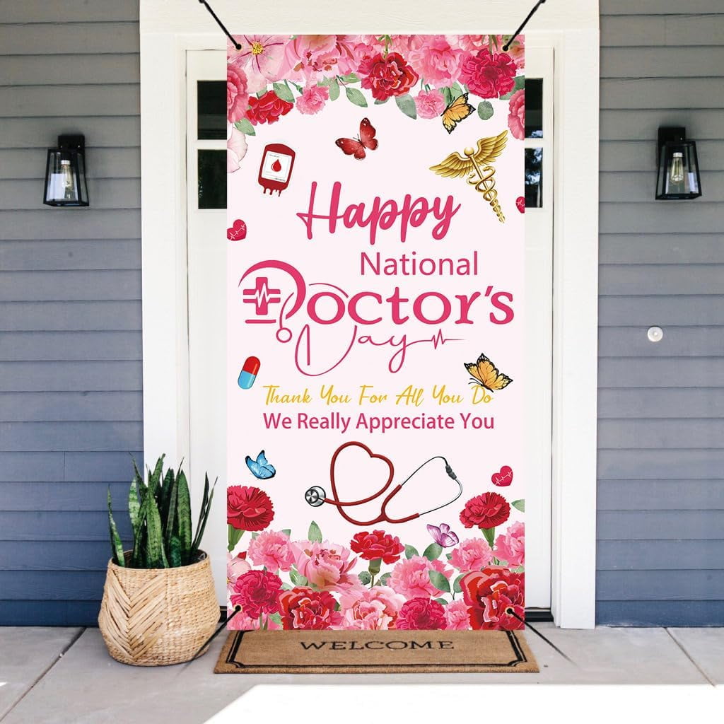 3x6FT Happy National Doctor's Day Door Cover Decorations Backdrop Pink ...