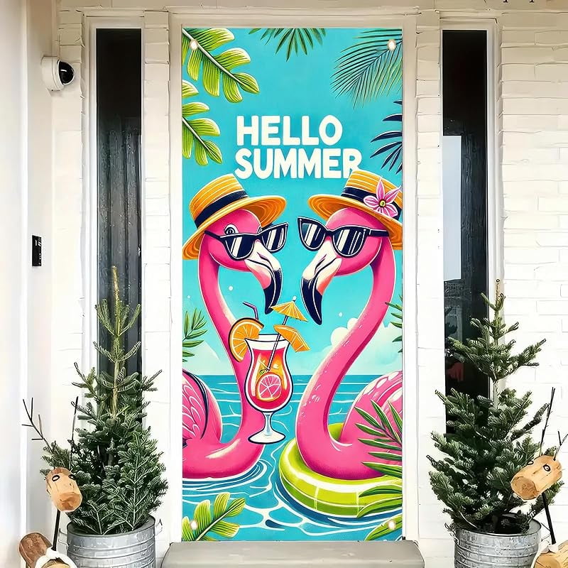 3x6FT Hello Summer Door Cover Flamingo Door Banner Aloha Hawaiian ...