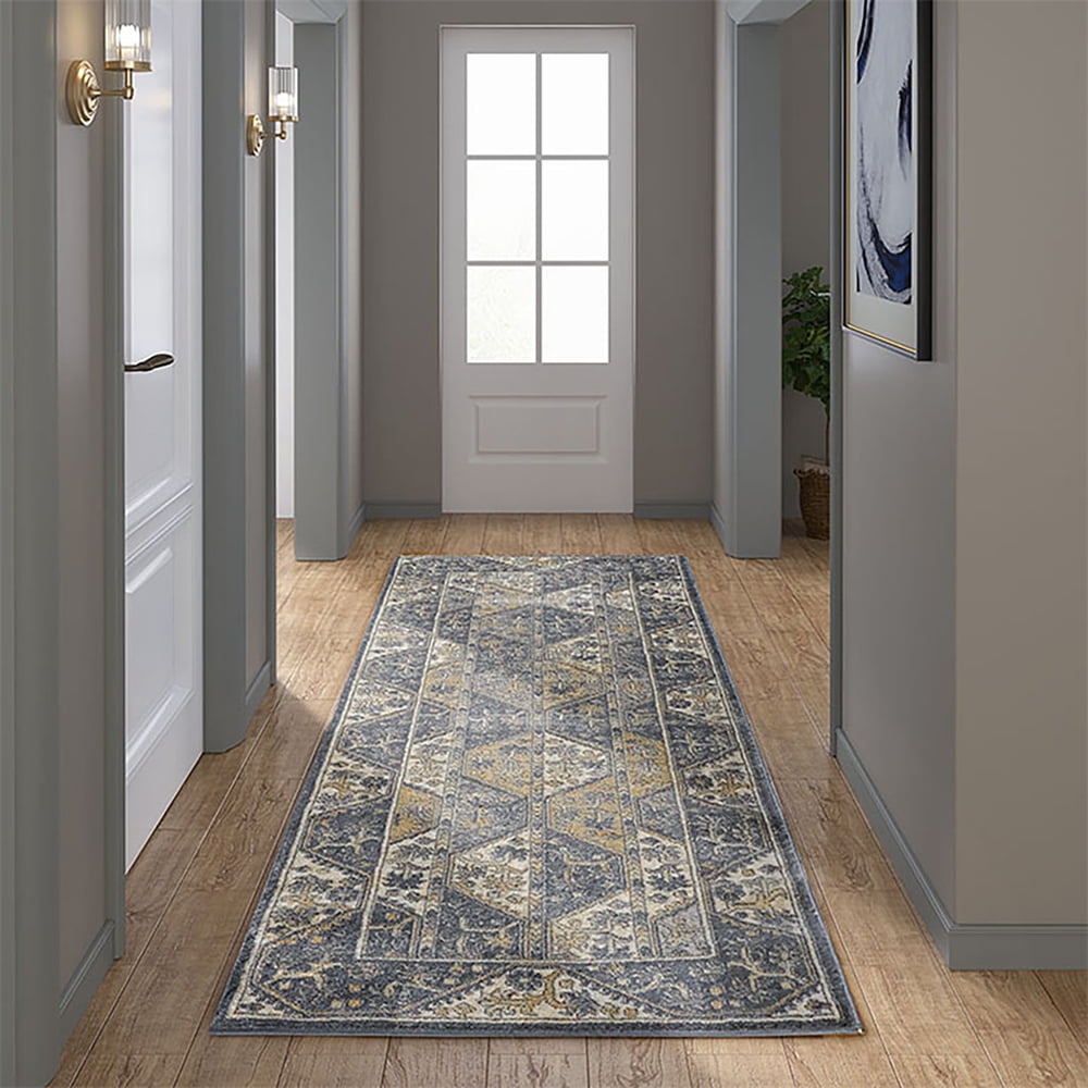3x7' Feet Soft Blue Carpet with Cream Geometric Pattern, Tiled Border ...