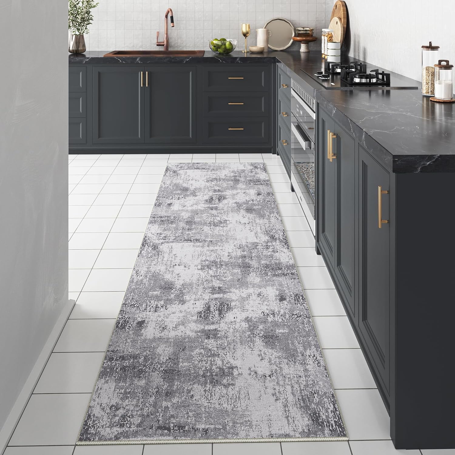 3x8 Washable Runner Rug Grey White Abstract Modern Hallway Kitchen Non ...