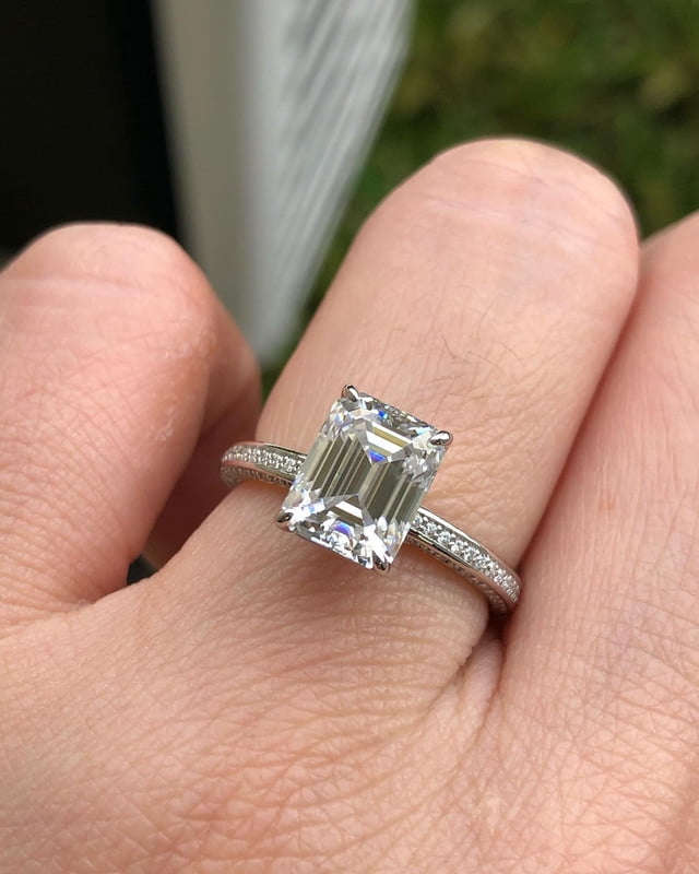 4.00CT Emerald Cut Moissanite Prong Set Ring with Clear Stone and Sparkling Side Accents Bridal ...