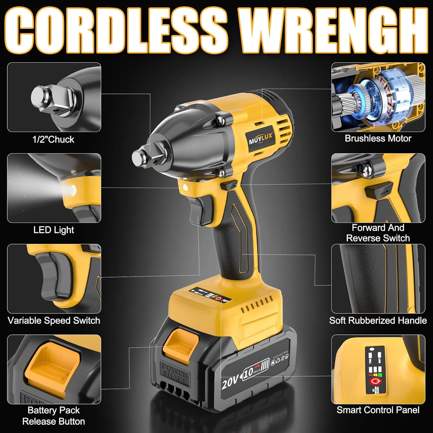 4.0Ah Battery Cordless Impact Wrench, Brushless 1/2 Impact Gun, 320Ft ...