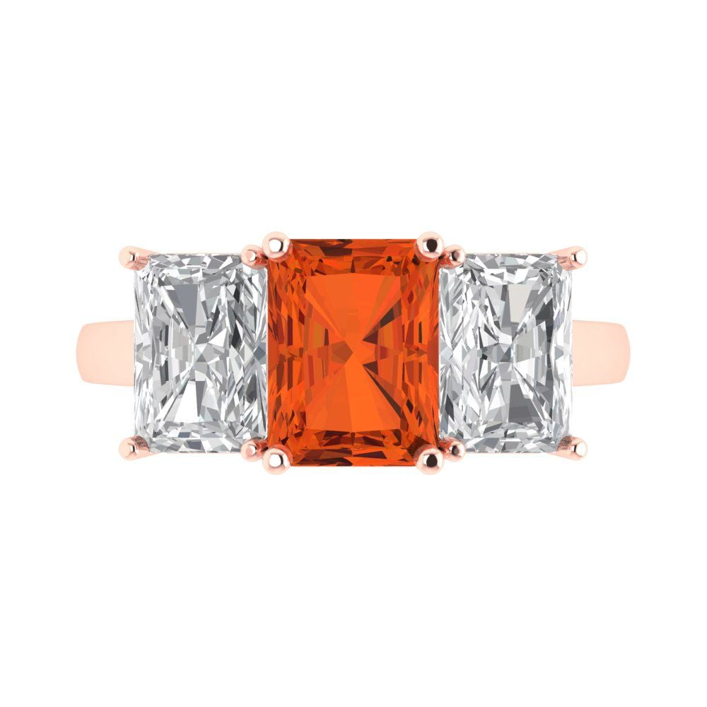 4.0ct Emerald Cut Red Crystal 14k Pink Rose Gold Engraving Statement Bridal Wedding Three-Stone ...