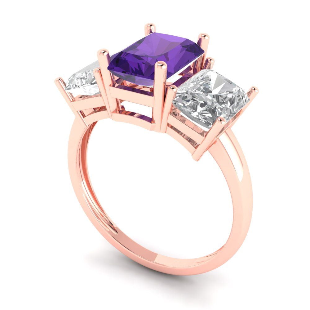 4.0ct emerald cut purple natural amethyst 18k rose gold 3 stone Bridal ...