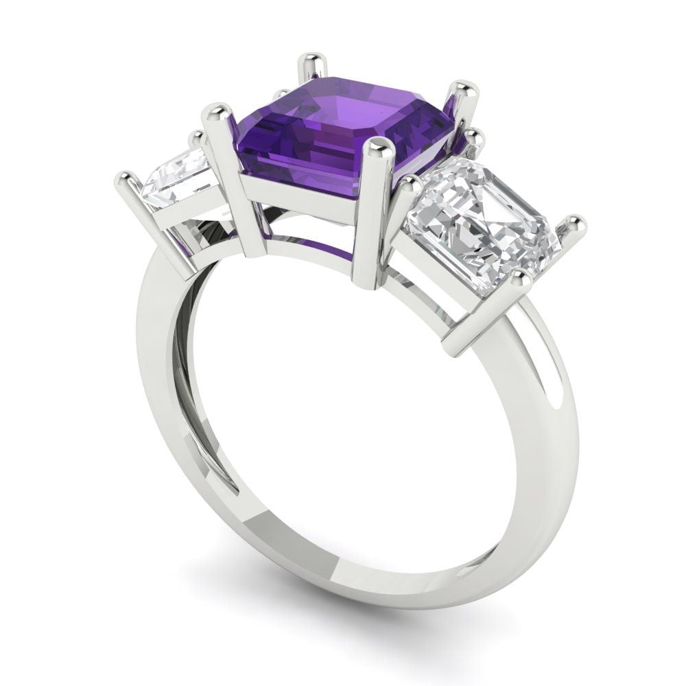 4.0ct square emerald cut purple natural amethyst 14k white gold 3 stone ...