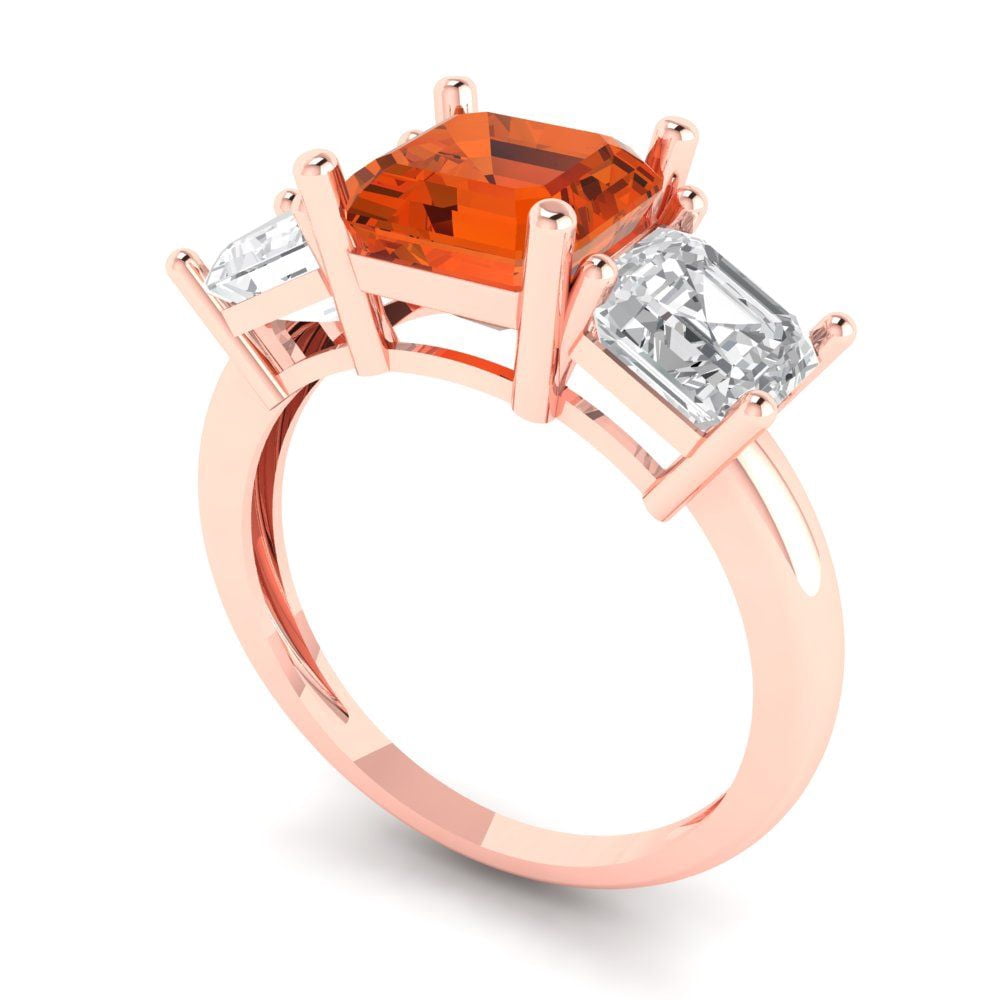4.0ct square emerald cut red Zircon 18k rose gold 3 stone Bridal ...