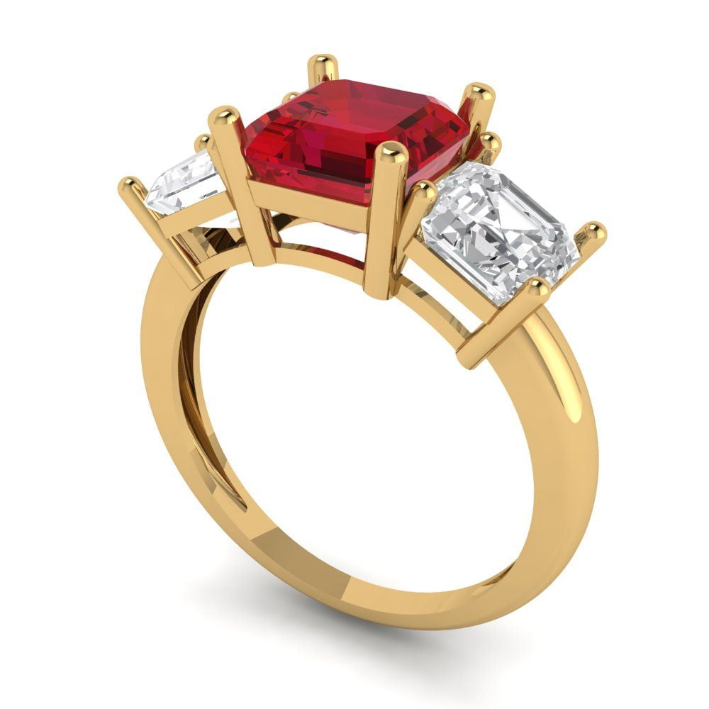 4.0ct square emerald cut red ruby 18k yellow gold 3 stone Bridal Wedding Engagement Promise ...