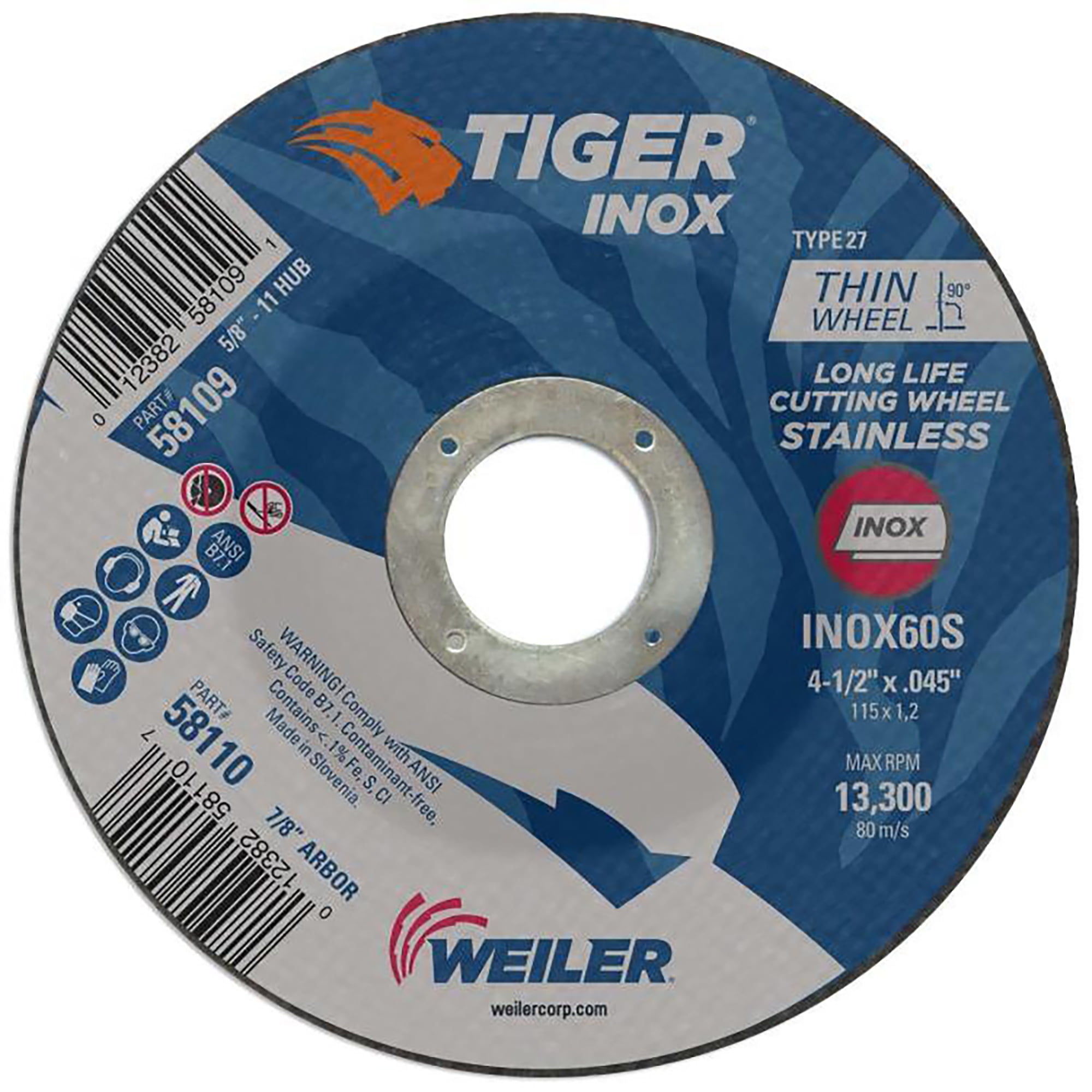 4-1/2in x .045in TIGER INOX Type 27 Cutting Wheel, INOX60S, 7/8in A.H ...