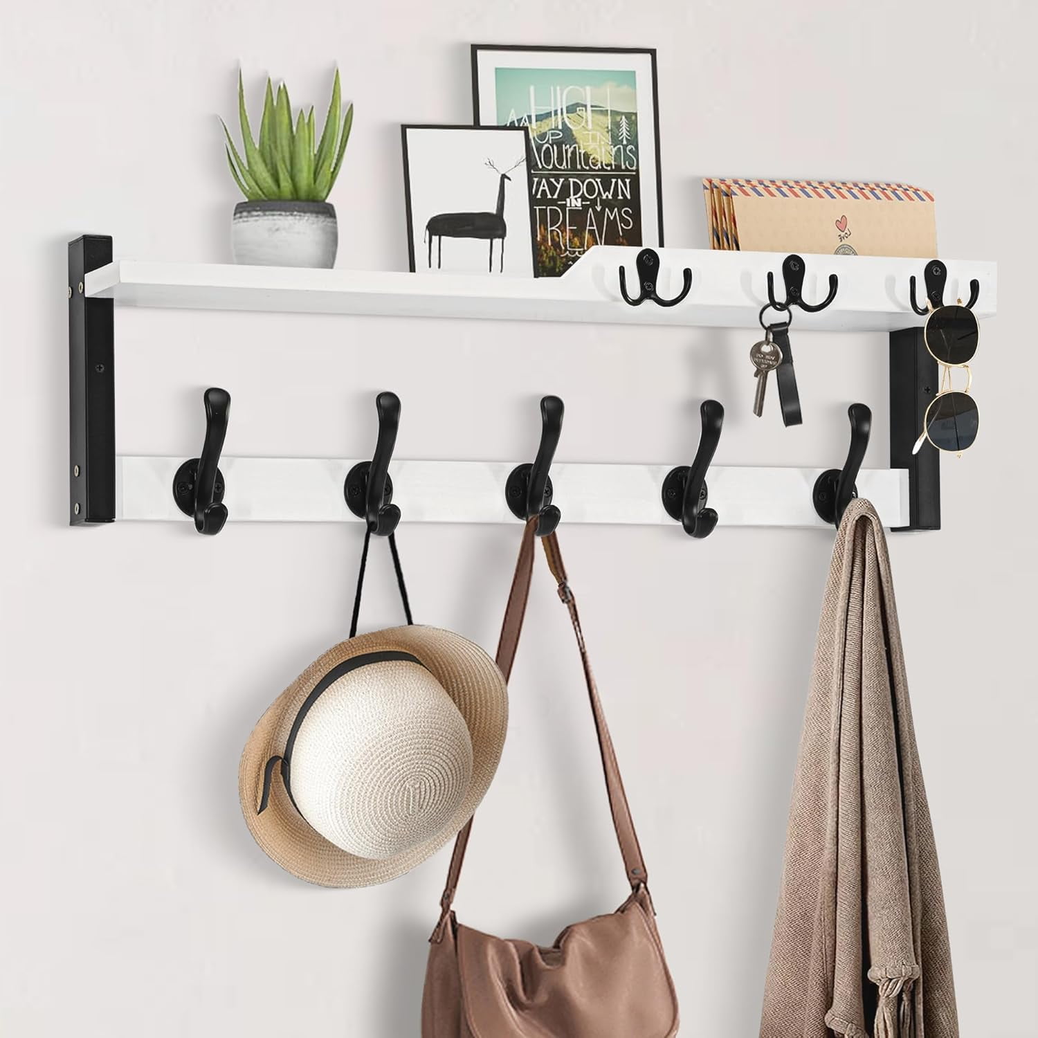 4 in 1 Coat Rack Wall Mount with Shelf, Coat Hooks 25.2" Entryway Coat ...
